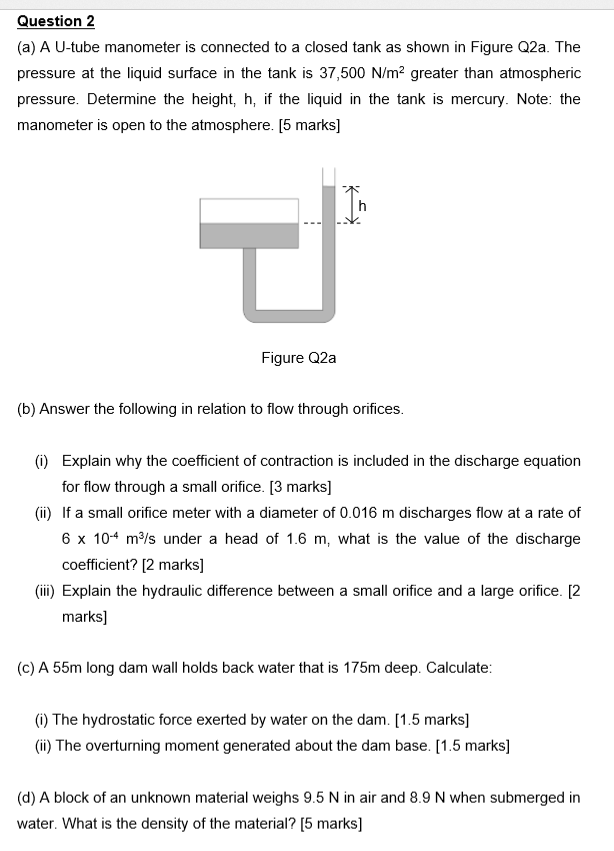 Solved Question 2 (a) A U-tube manometer is connected to a | Chegg.com