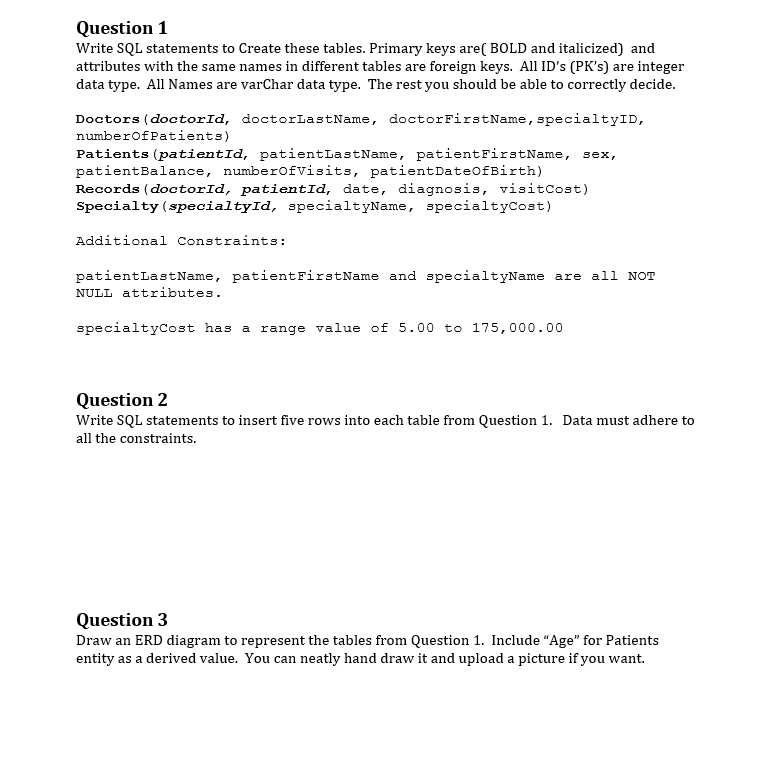 Solved Question 1 Write SQL statements to Create these | Chegg.com