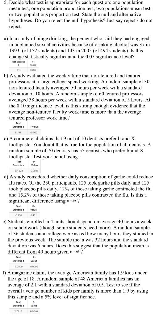Solved 5. Decide what test is appropriate for each question: | Chegg.com