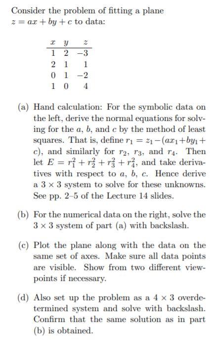Solved Consider the problem of fitting a plane z = ax +by+c | Chegg.com