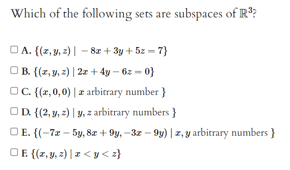 Solved Which of the following sets are subspaces of R3 ? A. | Chegg.com
