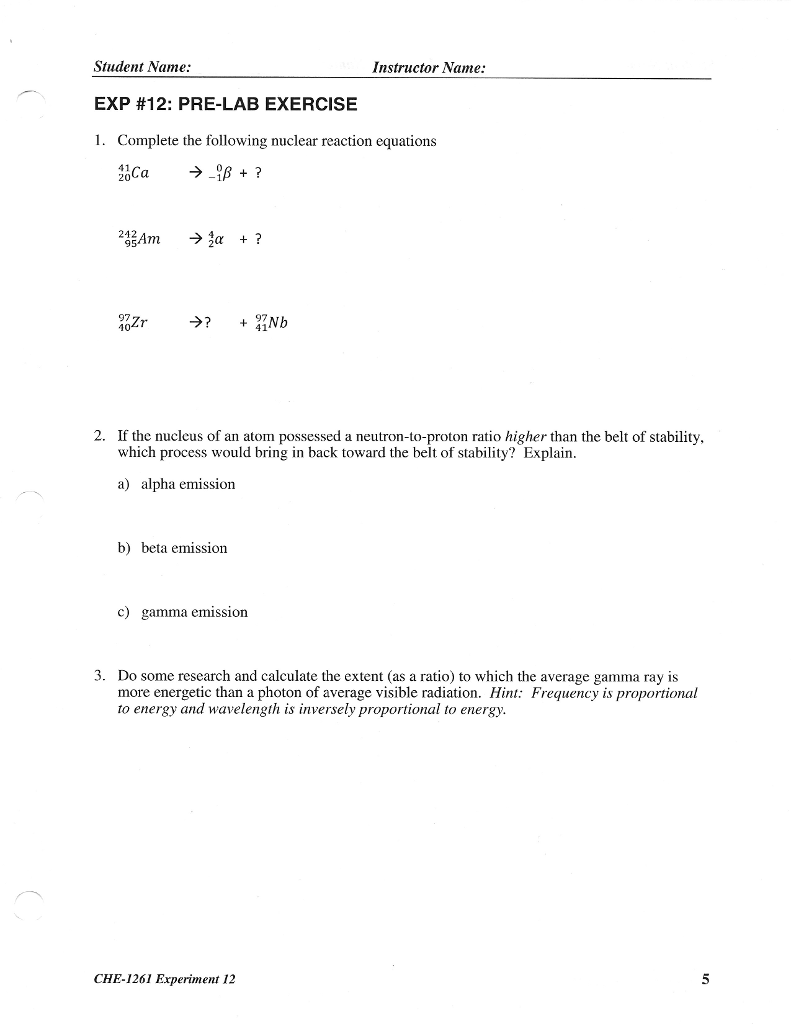 Solved Student Name, EXP #12: PRE-LAB EXERCISE 1. Complete | Chegg.com