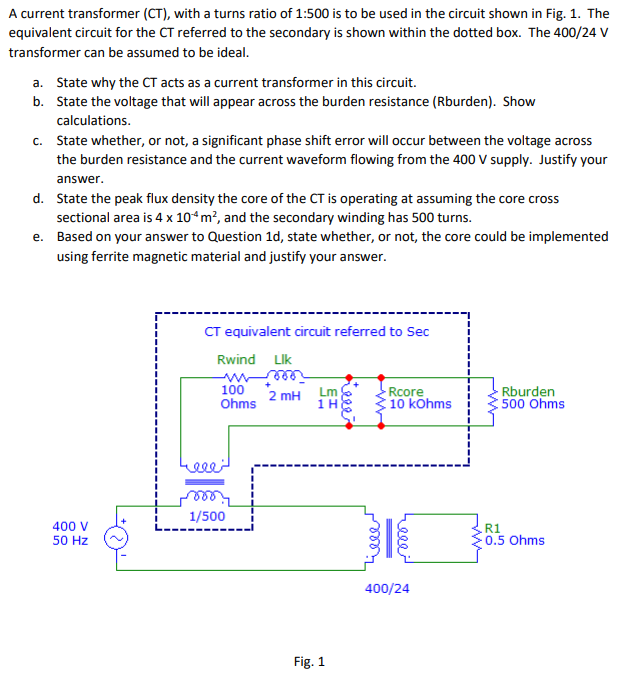 Solved A current transformer (CT), with a turns ratio of | Chegg.com