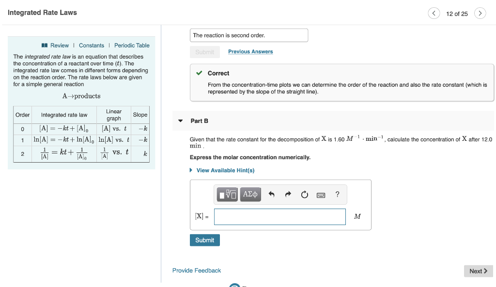 Solved Integrated Rate Laws 12 of 25 The reaction is second | Chegg.com