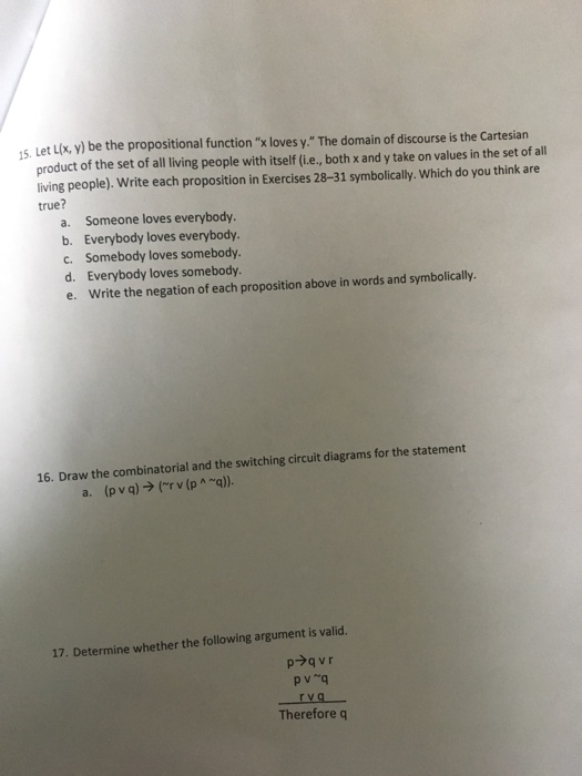 Solved 15. Let L/x y) be the propositional function "x loves | Chegg.com
