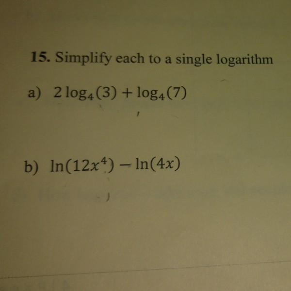 Solved 15. Simplify each to a single logarithm a) 2 log4 (3) | Chegg.com