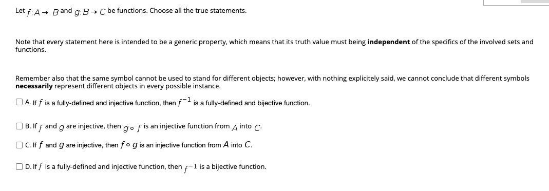 Solved Let f: A + B and g: B+C be functions. Choose all the | Chegg.com