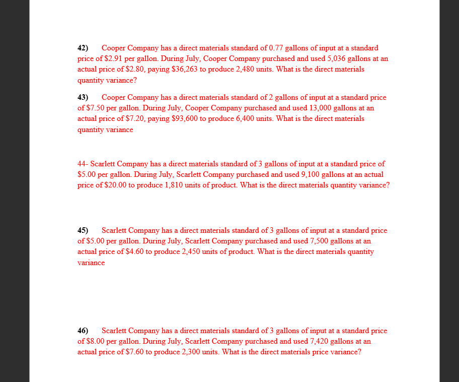 Solved 42) Cooper Company has a direct materials standard of | Chegg.com