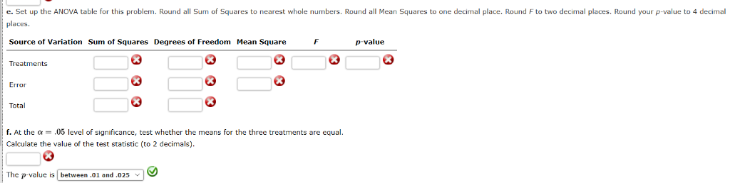 Solved e. Set up the ANOVA table for this problem. Round | Chegg.com
