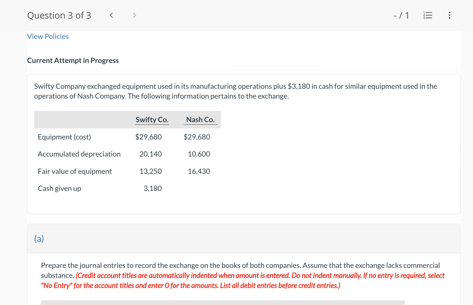 Solved Current Attempt in Progress Swifty Company exchanged | Chegg.com