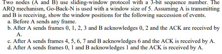 Solved Two nodes and B ) ﻿use sliding-window protocol with | Chegg.com