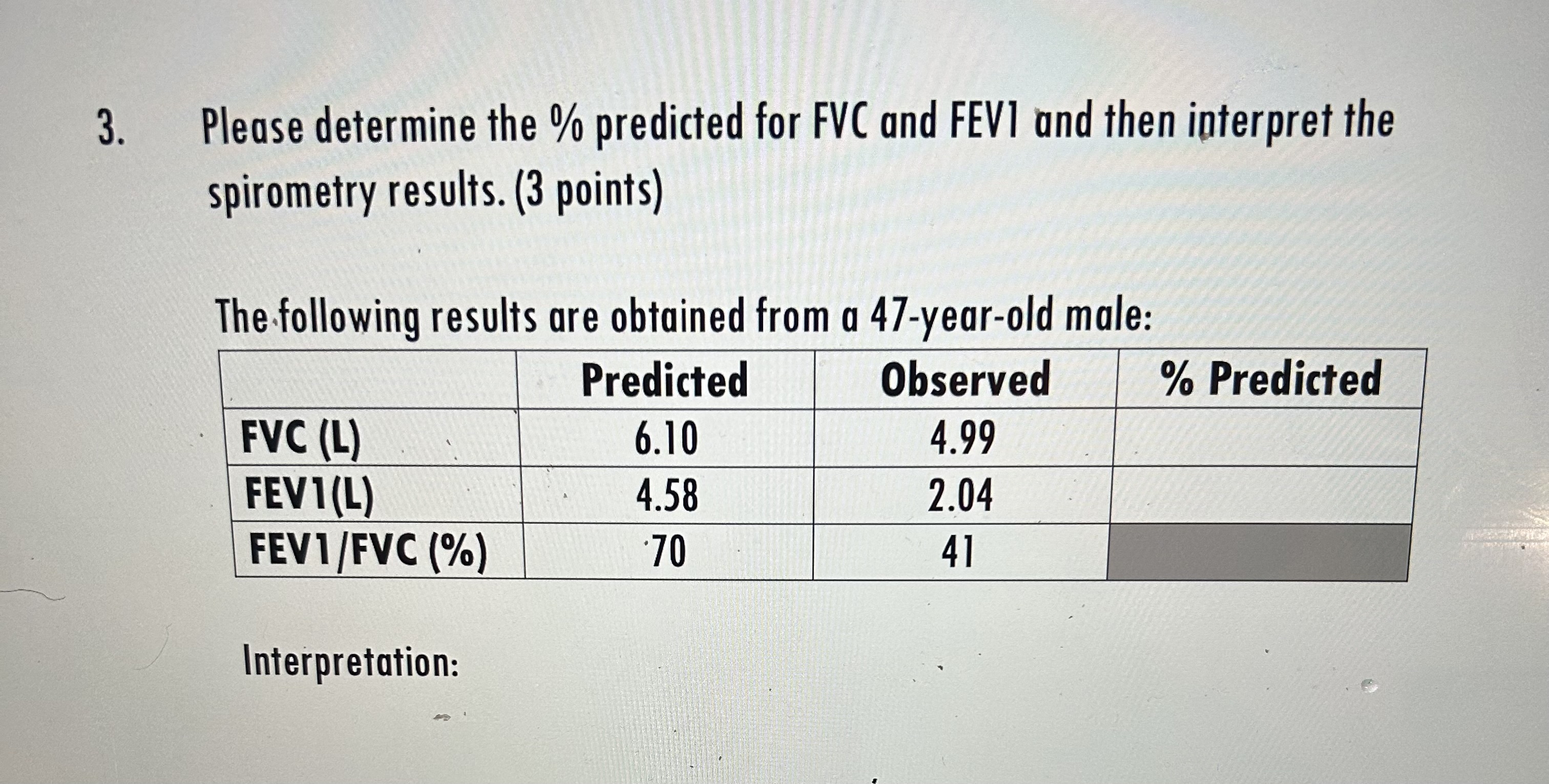 Solved Please determine the \% predicted for FVC and FEVI | Chegg.com