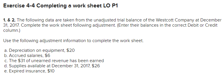 Solved Exercise 4-4 Completing a work sheet LO P1 1. & 2. | Chegg.com