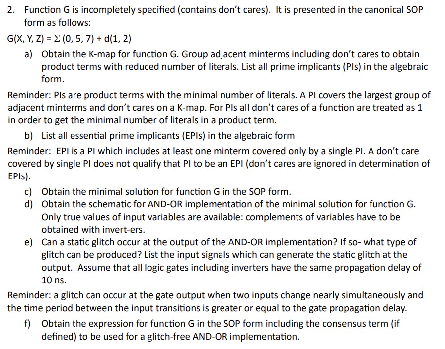 Solved Function G is incompletely specified (contains don't | Chegg.com