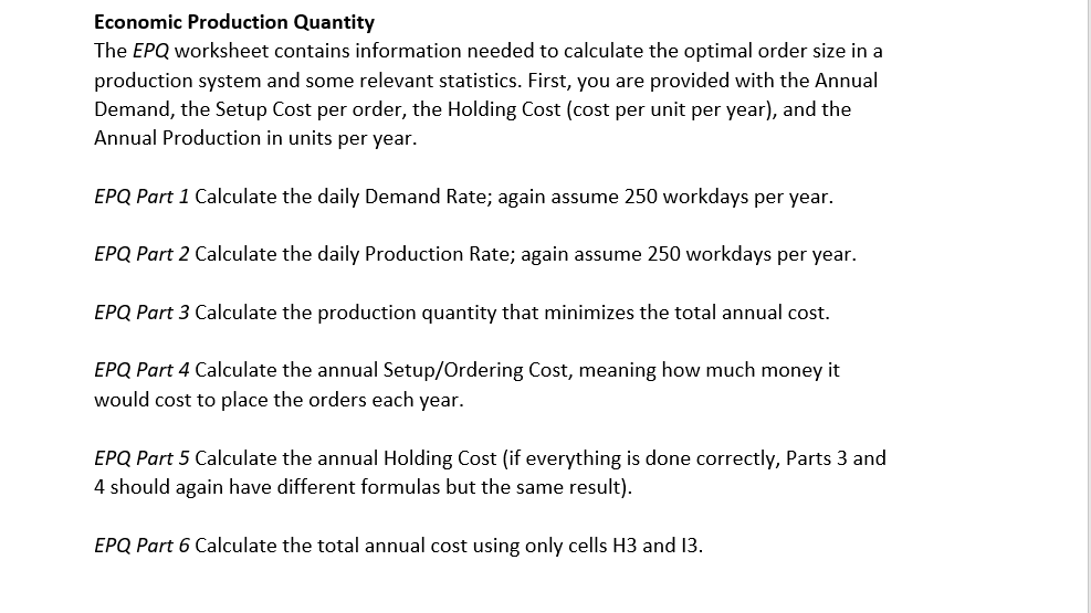 Solved Economic Production Quantity The EPQ worksheet | Chegg.com