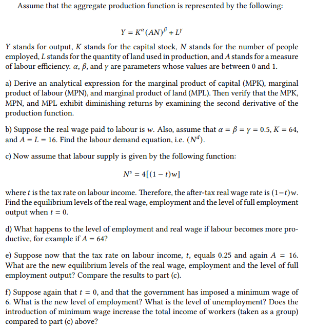 Solved Assume that the aggregate production function is | Chegg.com