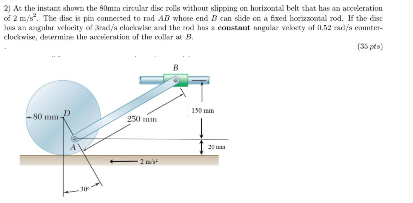 Solved 2) At the instant shown the 80mm circular disc rolls | Chegg.com
