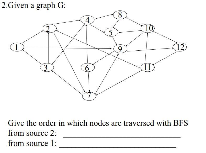 Solved 2.Given a graph G: 8 8 4 2 10 5 1 9 (12 3 6 11 7 Give | Chegg.com