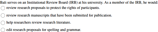 Solved Bali serves on an Institutional Review Board (IRB) | Chegg.com