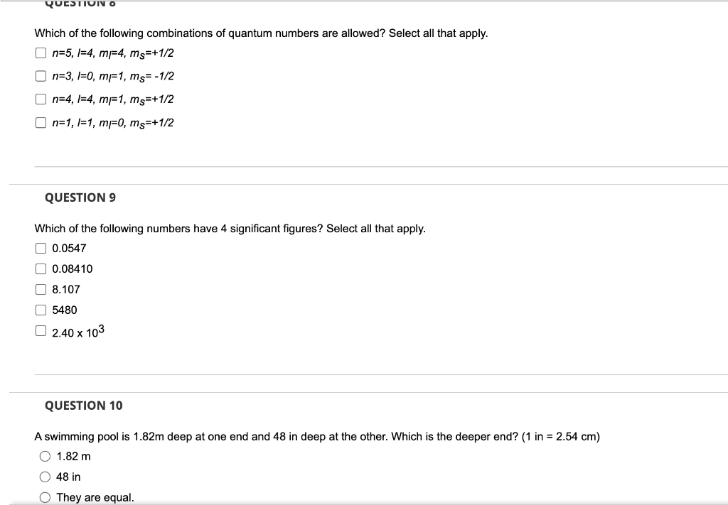 Solved Which of the following combinations of quantum | Chegg.com