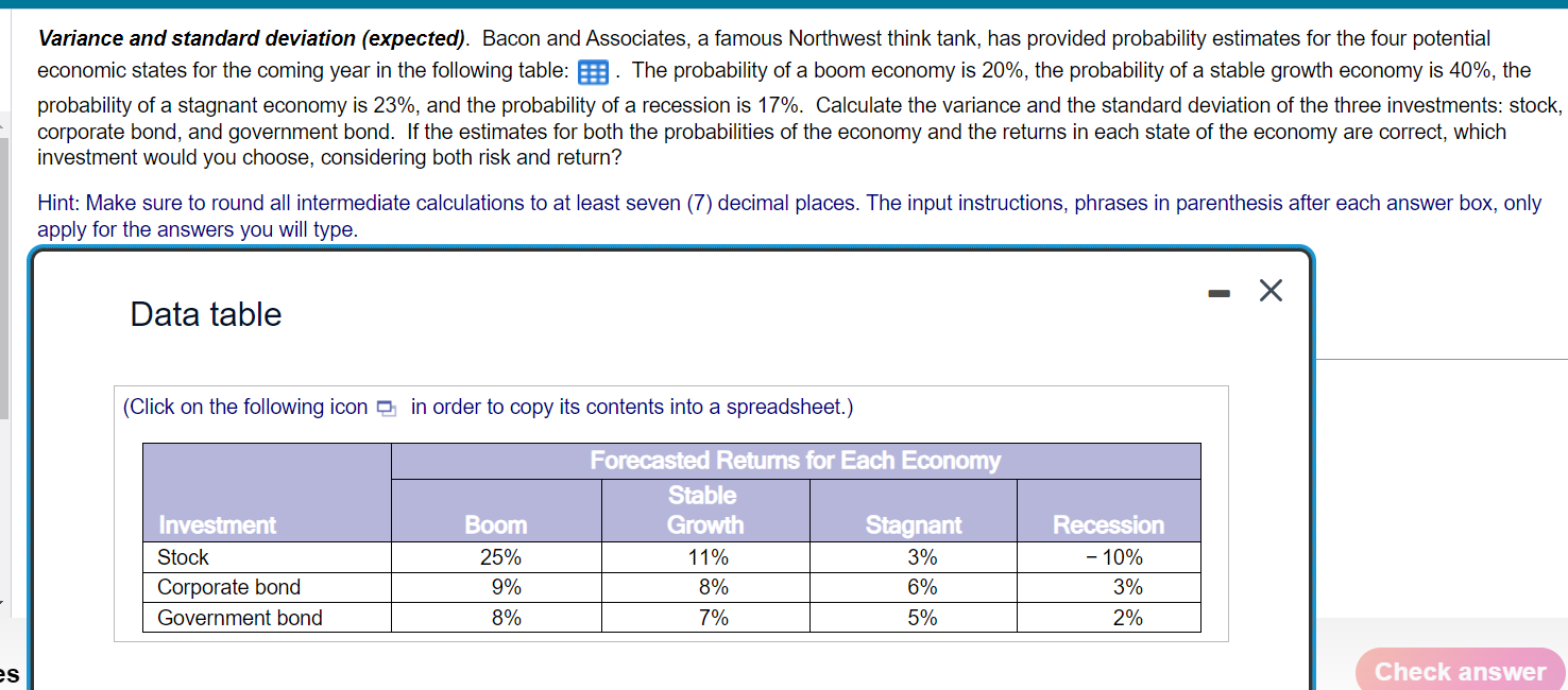 Solved Variance and standard deviation (expected). Bacon and | Chegg.com