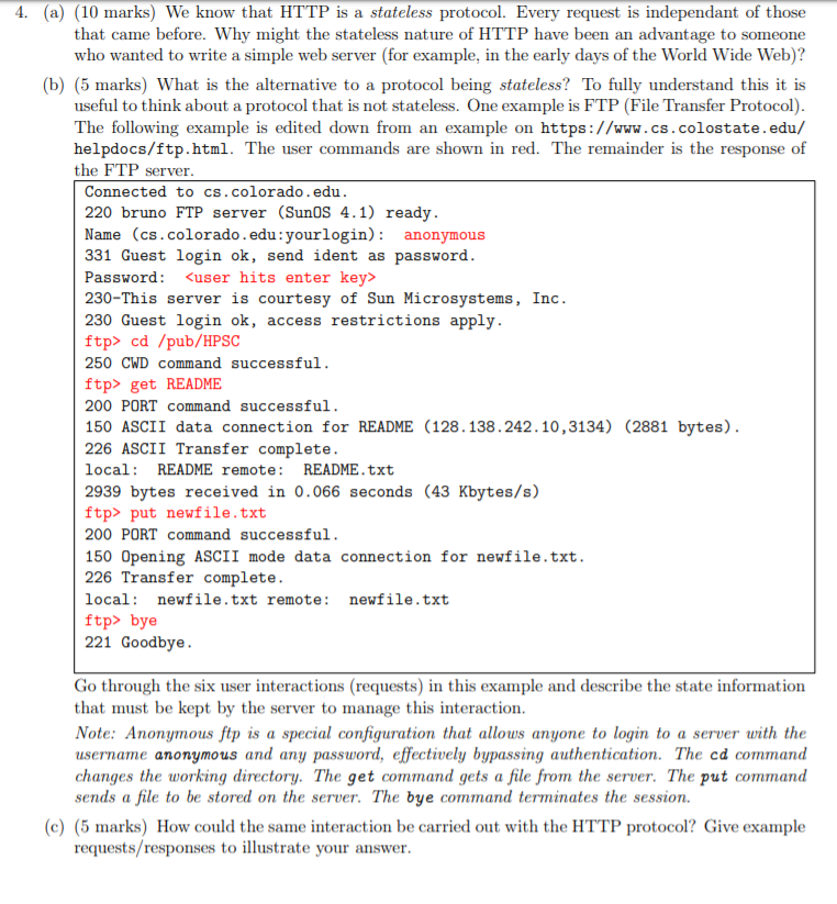 4. (a) (10 marks) We know that HTTP is a stateless | Chegg.com