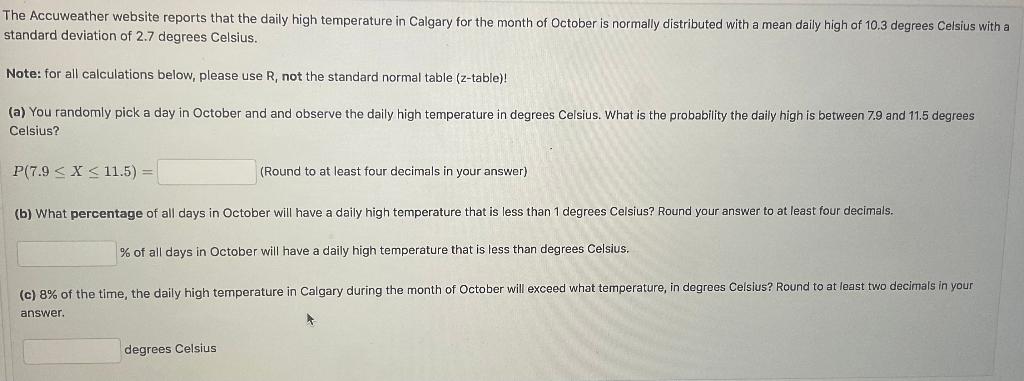 Solved The Accuweather website reports that the daily high | Chegg.com