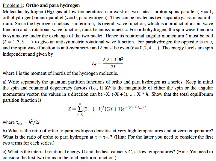 Problem 1: Ortho and para hydrogen Molecular hydrogen | Chegg.com