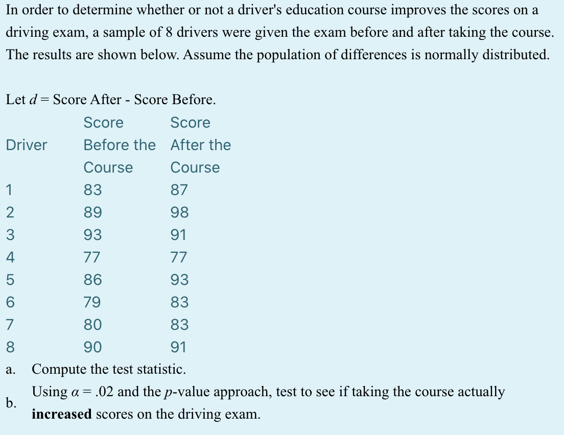 Solved In order to determine whether or not a driver's | Chegg.com