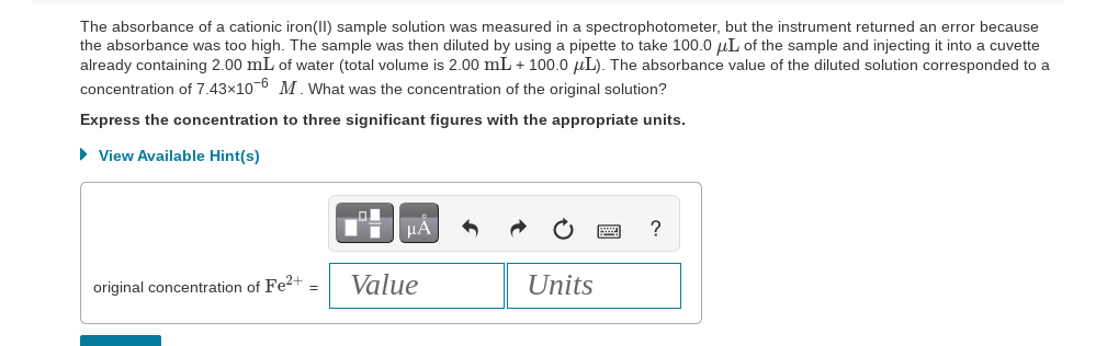 Solved The absorbance of a cationic iron(II) sample solution | Chegg.com
