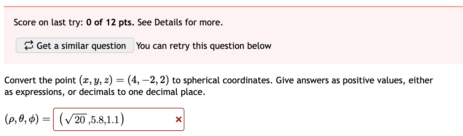 Solved Convert the point (x,y,z)=(4,-2,2) ﻿to spherical | Chegg.com