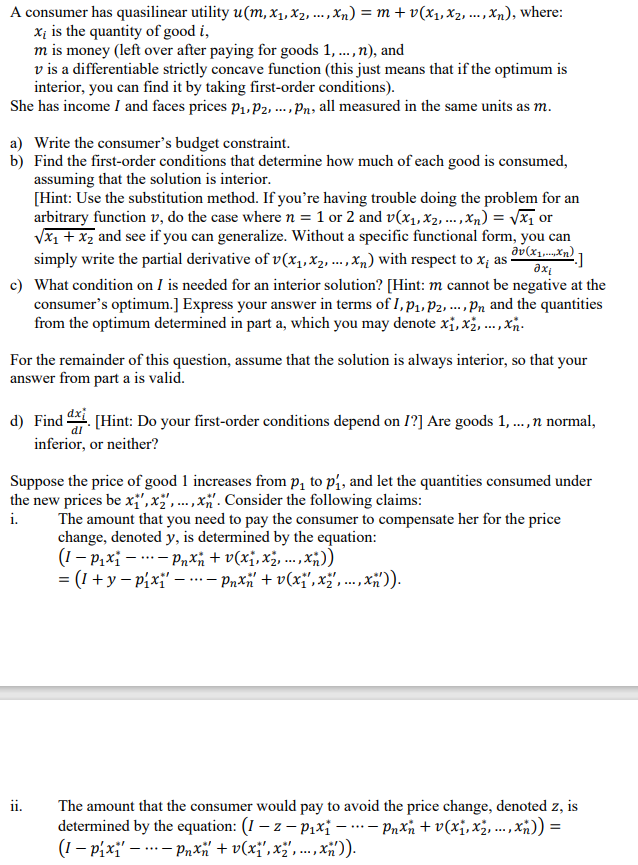 Solved A consumer has quasilinear utility | Chegg.com