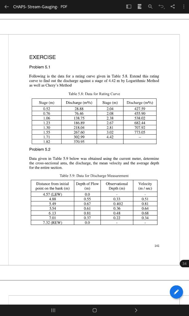 Solved + CHAP5- Stream-Gauging- PDF EXERCISE Problem 5.1 | Chegg.com