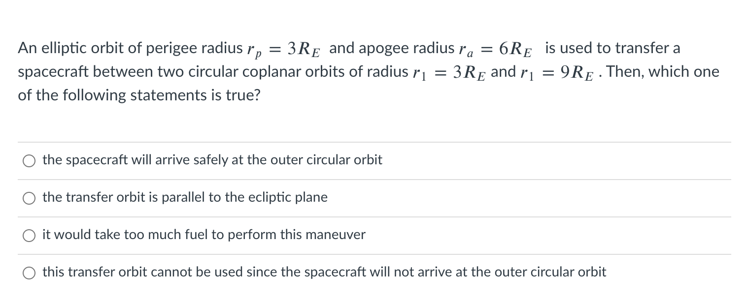 Solved An elliptic orbit of perigee radius rp = 3RE and | Chegg.com