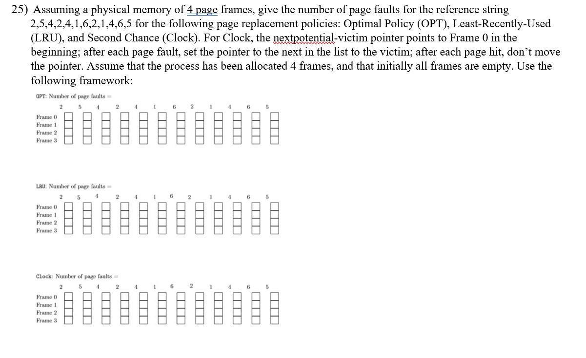 25) Assuming a physical memory of 4 page frames, give | Chegg.com