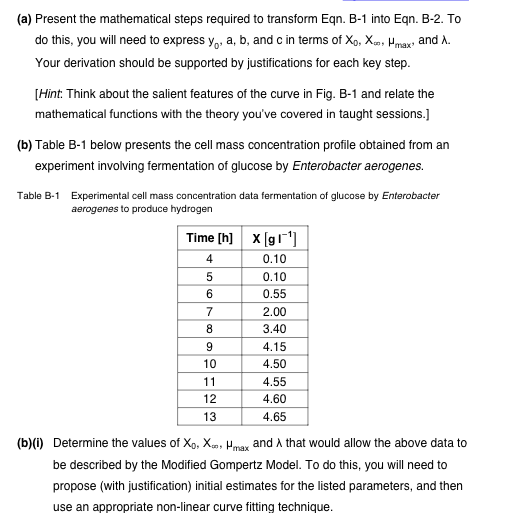 Solved Table B-1 Experimental cell mass concentration data | Chegg.com