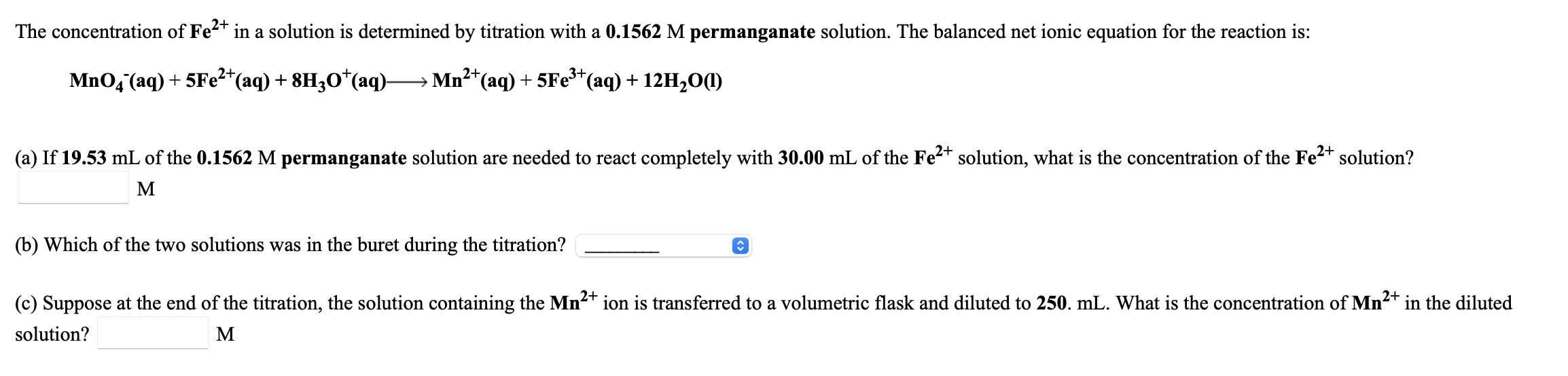 Solved The concentration of Fe2+ in a solution is determined | Chegg.com