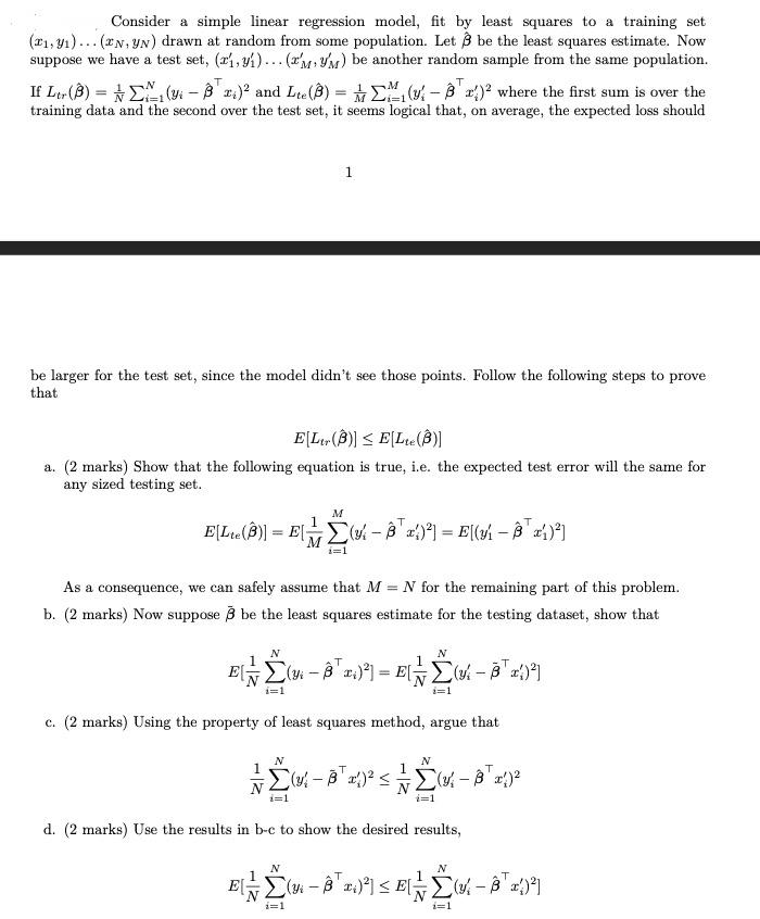 Consider a simple linear regression model, fit by | Chegg.com