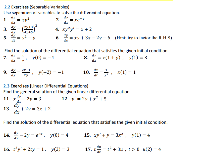 Solved 2.2 Exercises (Separable Variables) Use separation of | Chegg.com