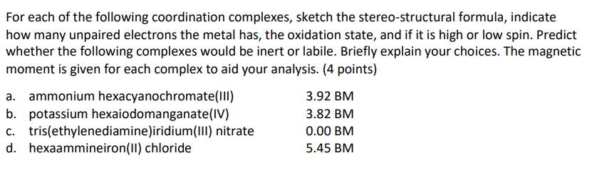 Solved For each of the following coordination complexes, | Chegg.com
