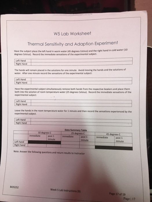 Solved W5 Lab Worksheet Thermal Sensitivity and Adaption | Chegg.com