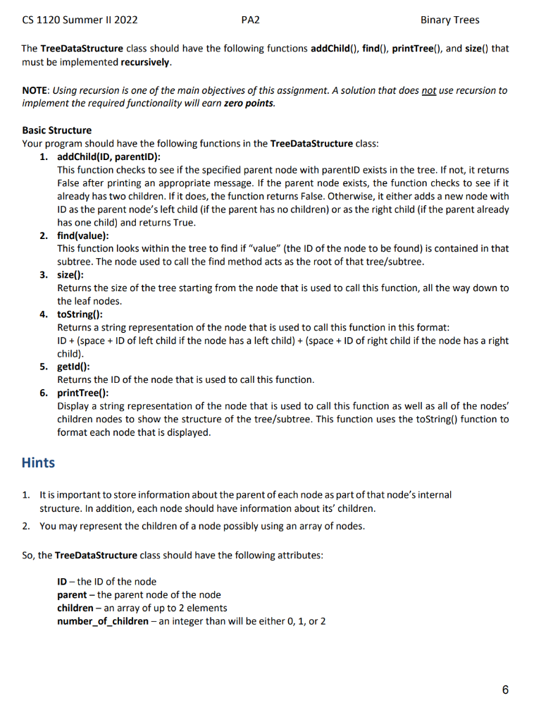 Solved Programming Assignment 2 Binary Trees Objectives - | Chegg.com