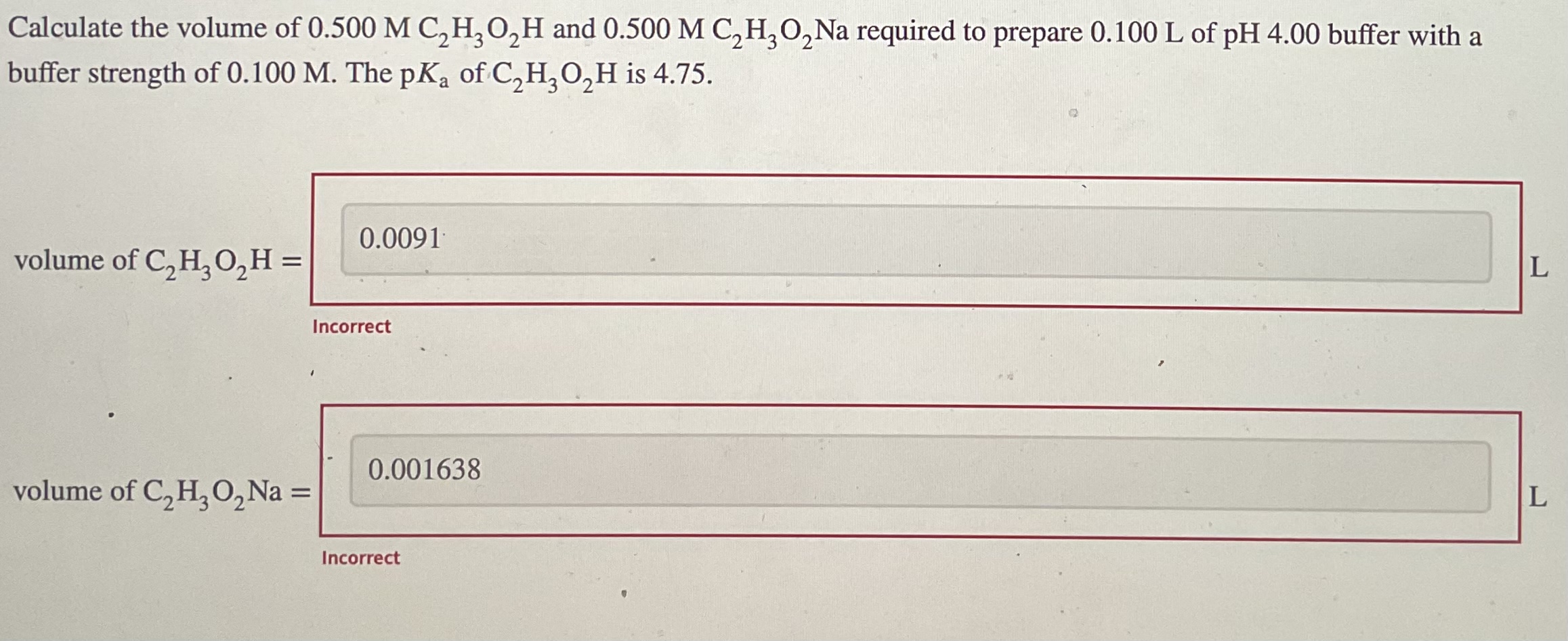 Solved Calculate the volume of 0.500MC2H3O2H and | Chegg.com