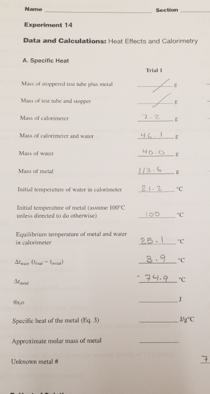 Solved Name Section Experiment 14 Data and Calculations: | Chegg.com