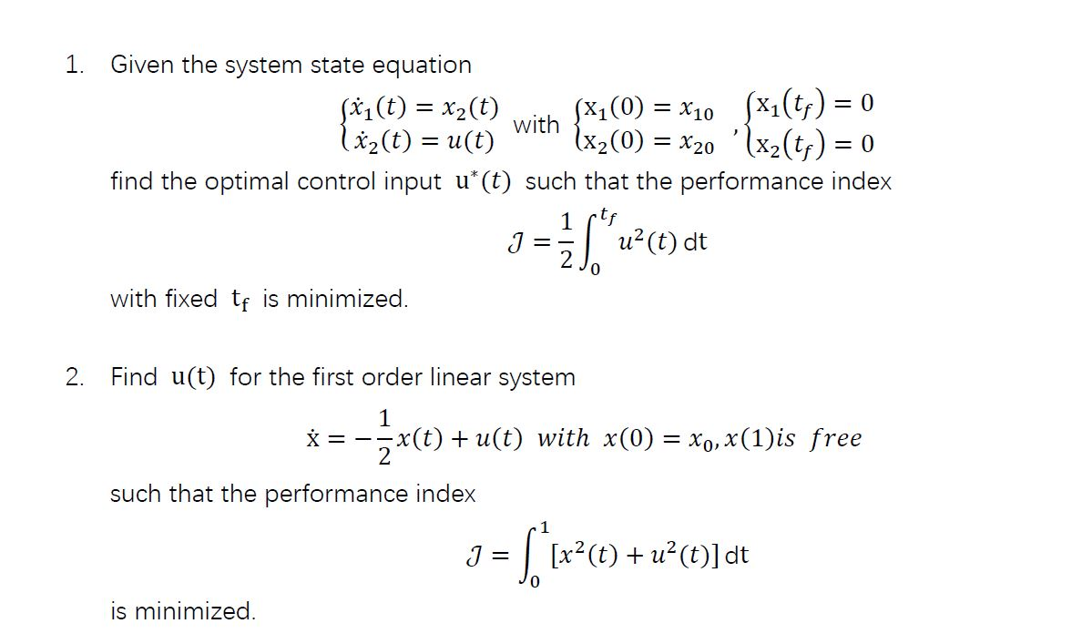 1. Given the system state equation (xi(t) = x2(t) ith | Chegg.com