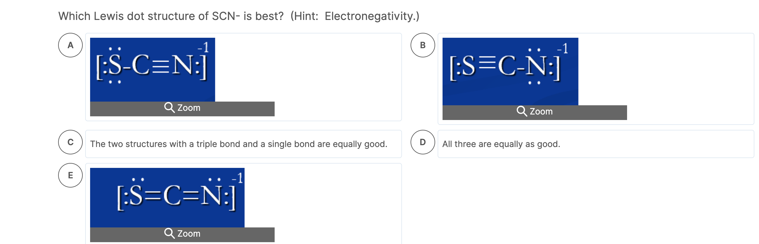 Solved Which Lewis dot structure of SCN- is best? (Hint: | Chegg.com