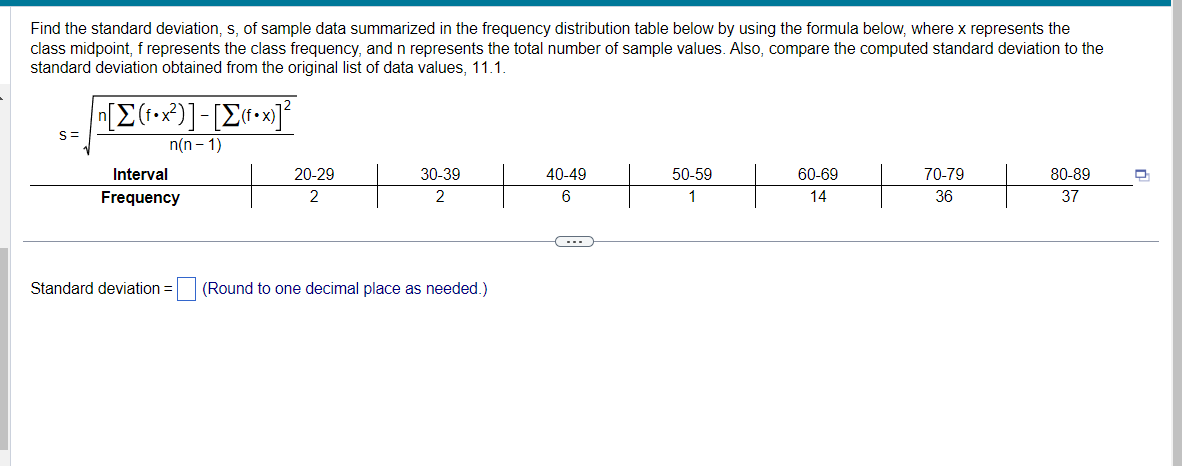 Solved Find the standard deviation, s, of sample data | Chegg.com