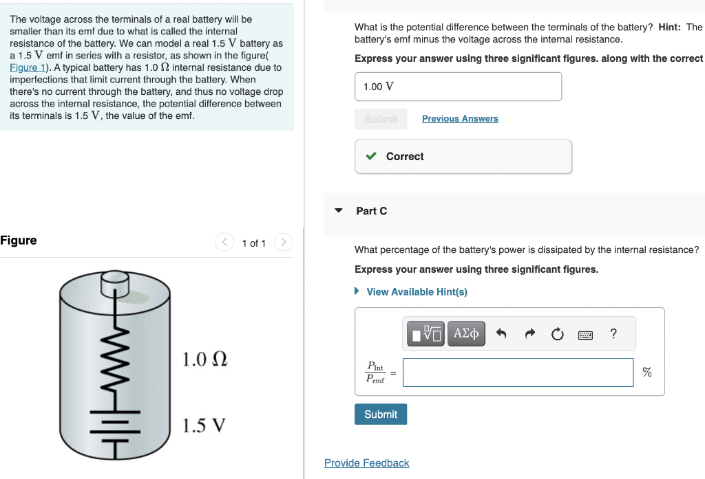 The voltage across the terminals of a real battery | Chegg.com