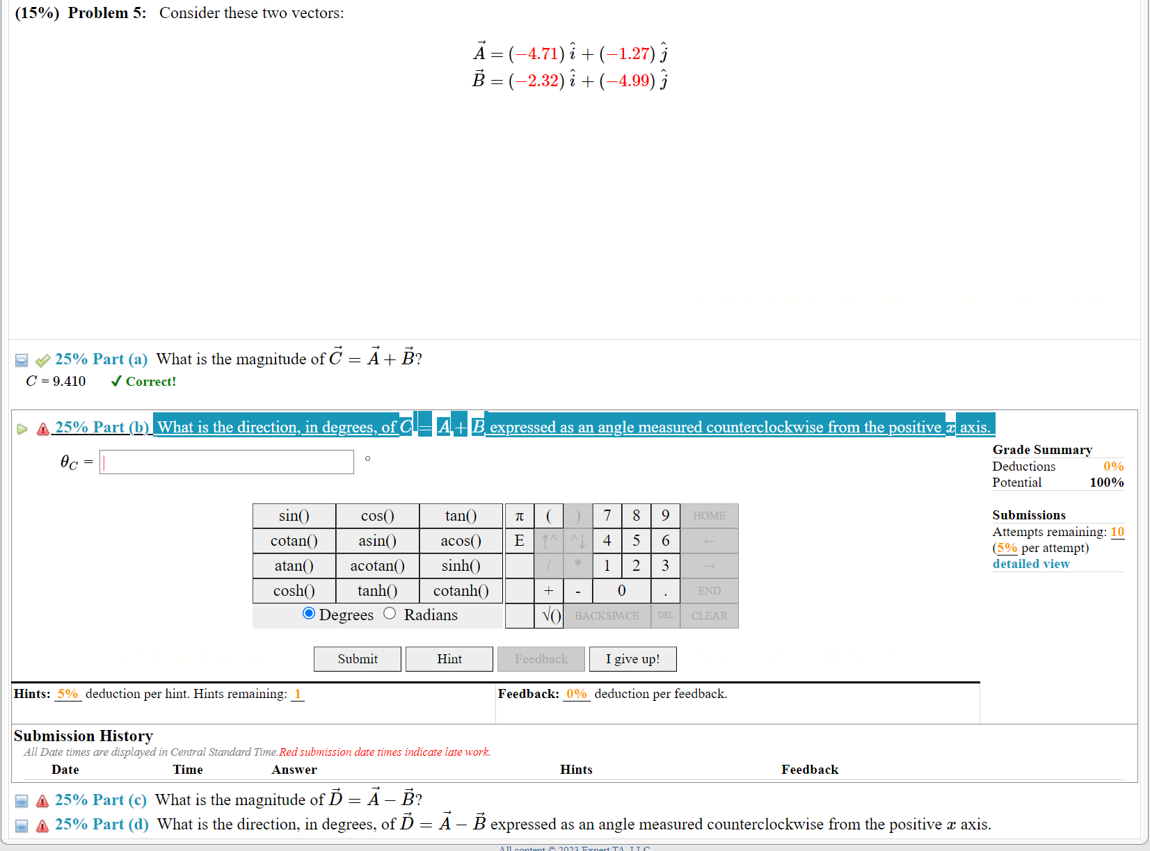 Solved (15\%) Problem 5: Consider these two vectors: | Chegg.com