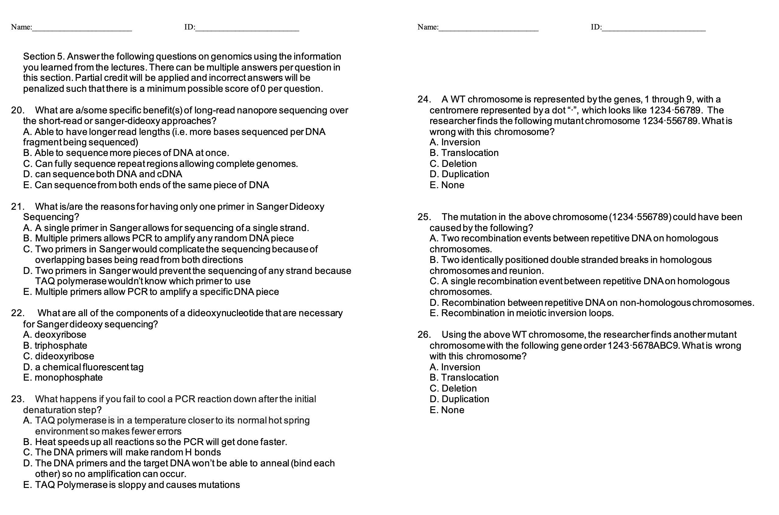 Solved Name: ID: Name: ID: Section 5. Answer the following | Chegg.com